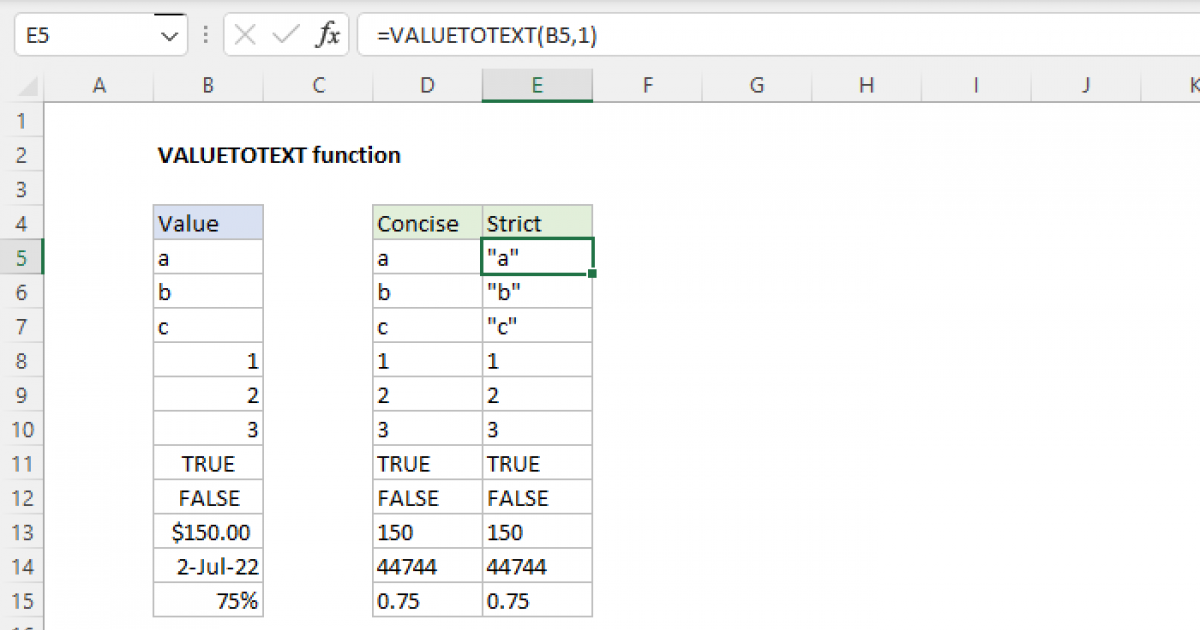 Excel VALUETOTEXT Function Exceljet